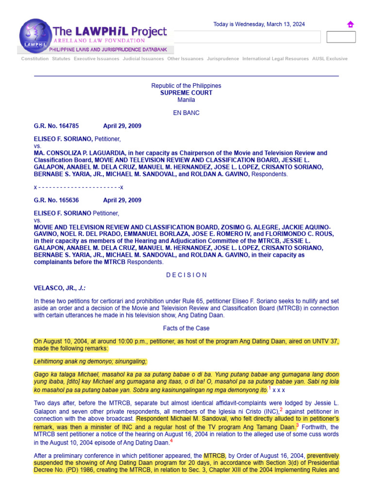 G.R. No. 164785 Soriano V Laguardia | PDF | Prior Restraint | Obscenity