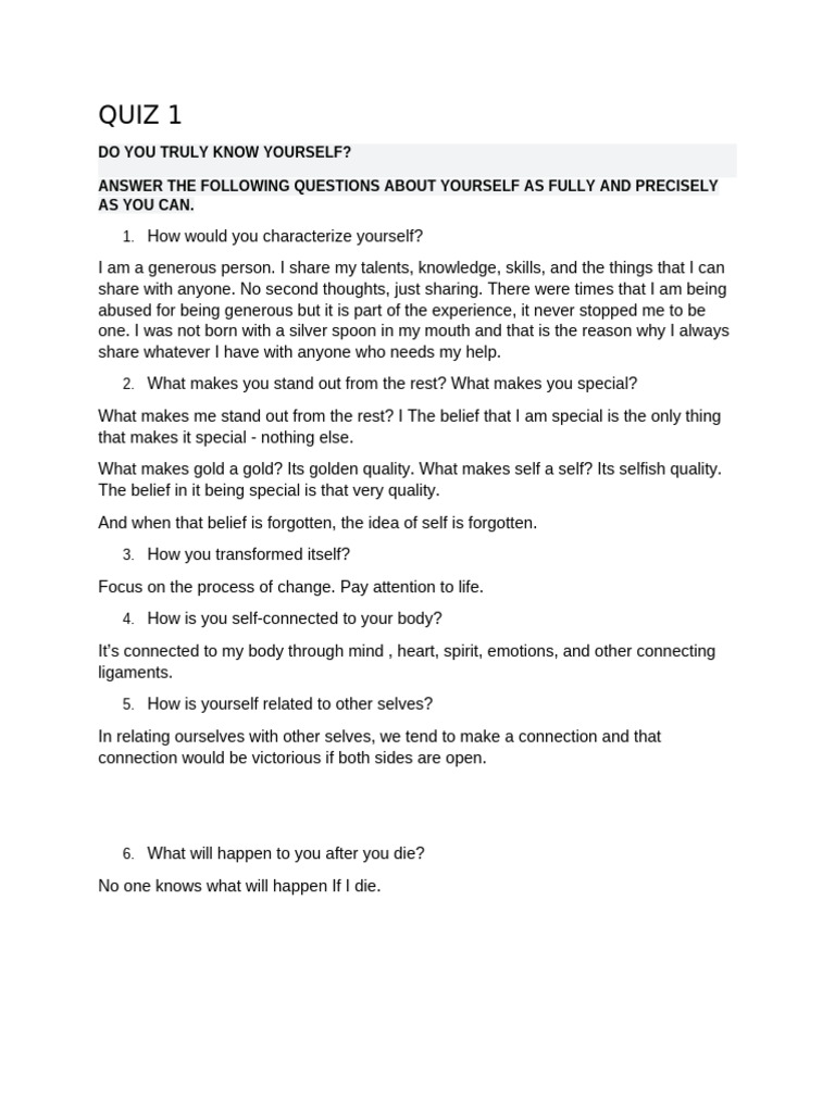 Self-Discovery Quiz: Know Yourself | PDF