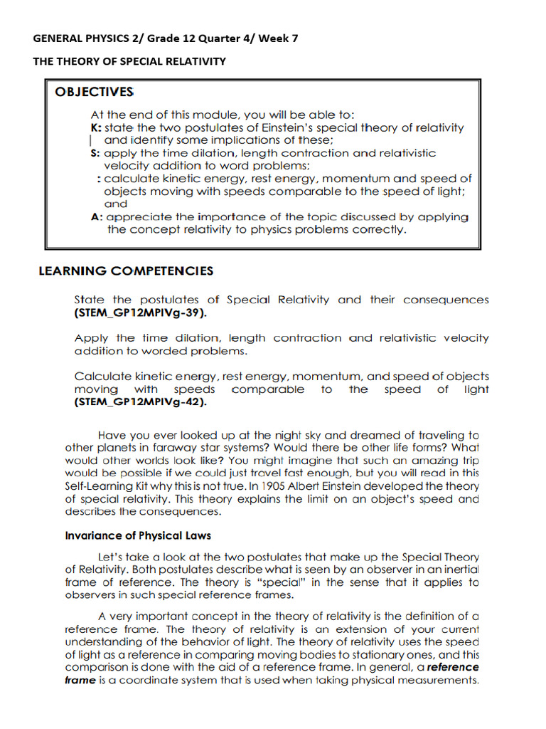 Special Relativity for Grade 12 | PDF