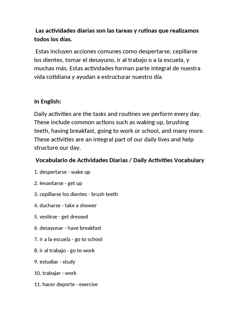 Vocabulario de Actividades Diarias | PDF