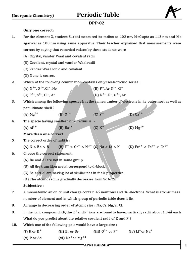 DPP - 02 Periodic Table | PDF | Periodic Table | Chemical Substances
