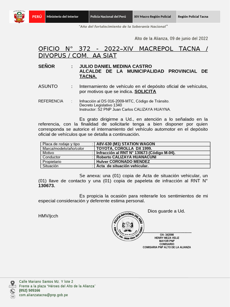 Oficio Solicita Internamiento de Vehiculo Al Deposito Municipal | PDF | Perú | Crimen violento