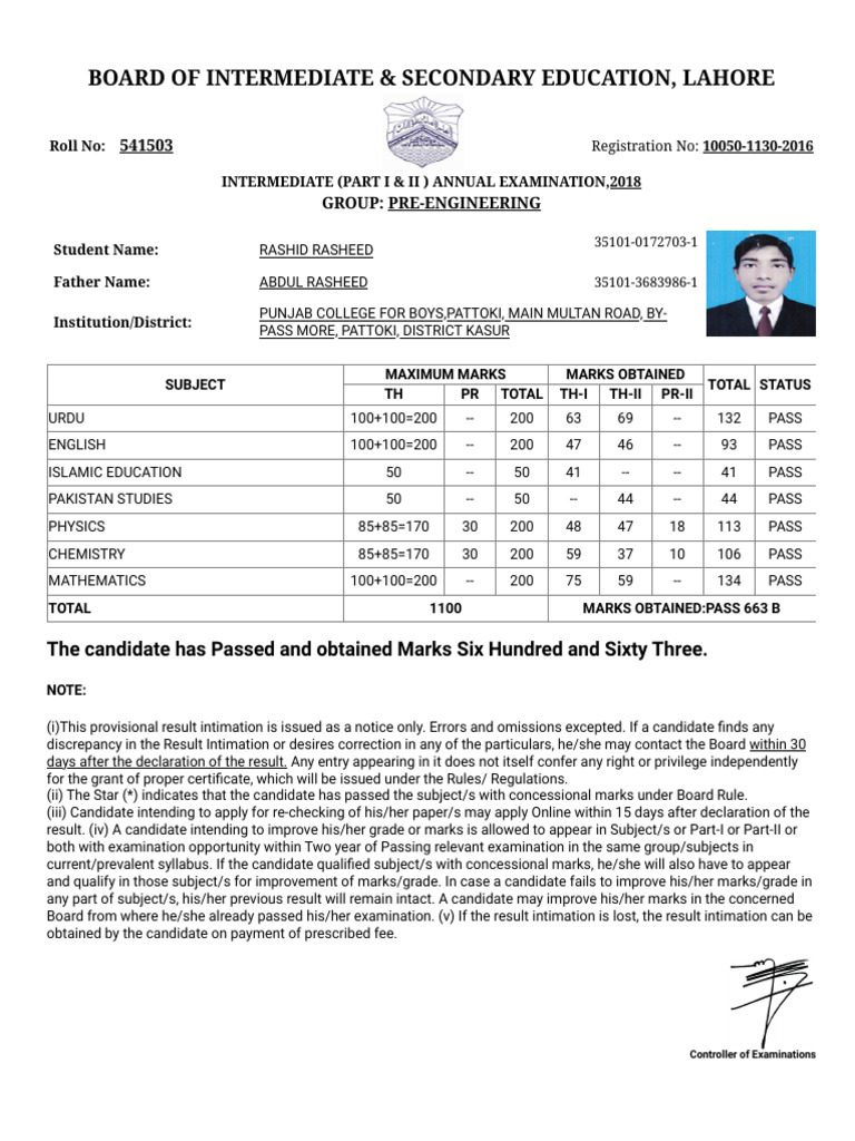 Board of Intermediate & Secondary Education, Lahore | PDF