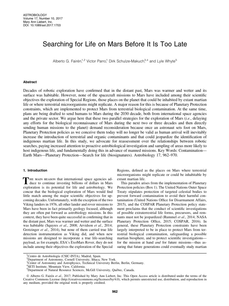 Whyte Et Al 2017 Searching For Life On Mars Before It Is Too Late | PDF ...