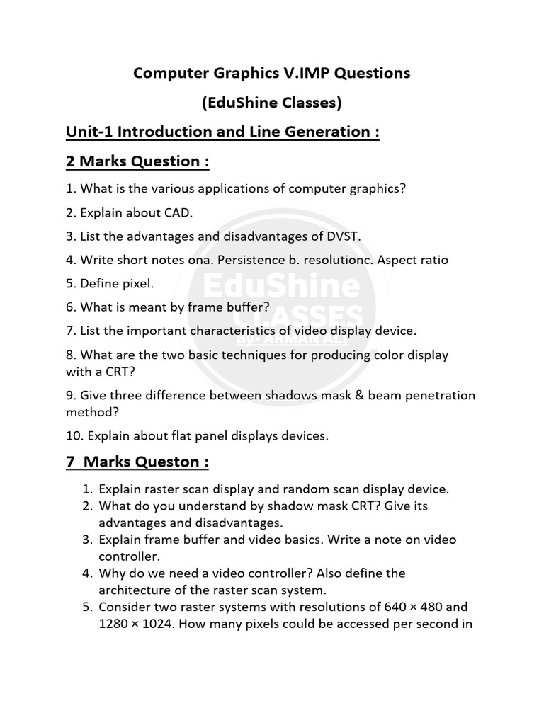 Computer Graphics BCS053 Important Questions EduShine Classes 1 | PDF ...