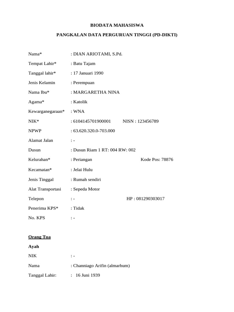 Form-Biodata Pddikti | PDF