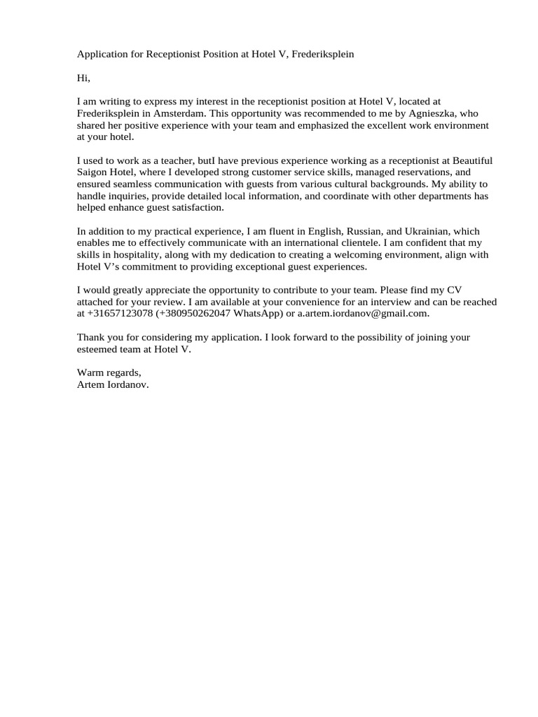 Receptionist Application for Hotel V | PDF