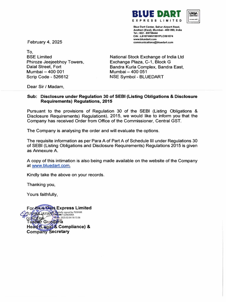Sub: Disclosure Under Regulation 30 of SEBI (Listing Obligations ...