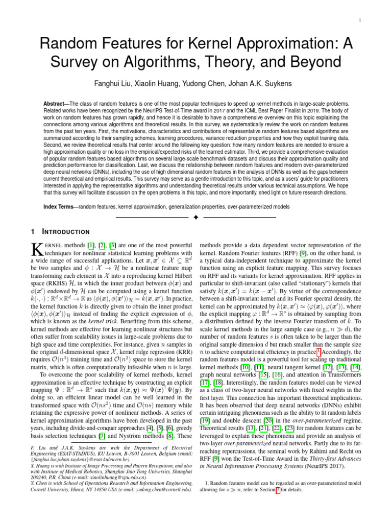 Liu et al. - 2021 - Random Features for Kernel Approximation A Survey on Algorithms, Theory, and ...
