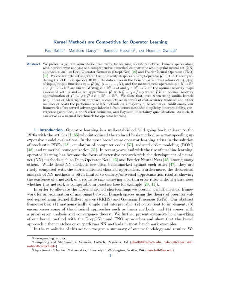 Batlle Et Al. - 2023 - Kernel Methods Are Competitive For Operator Learning | PDF | Partial ...