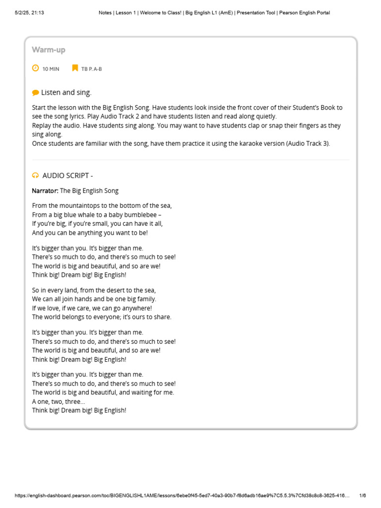 Notes - Lesson 1 - Welcome To Class! - Big English L1 (AmE ...