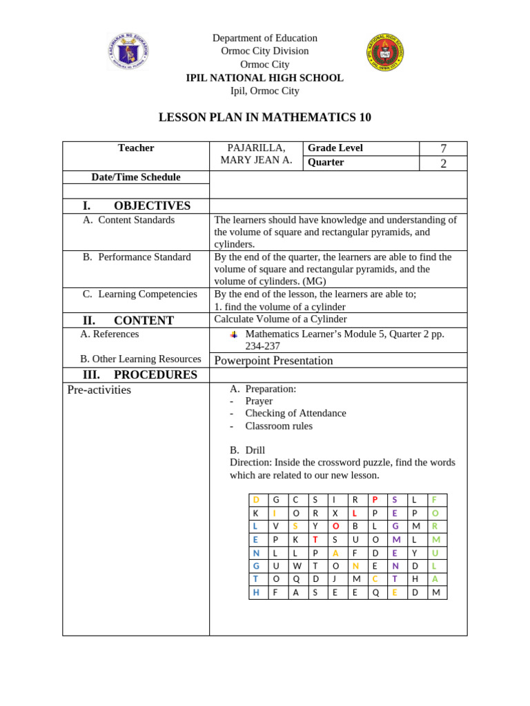 Lesson Plan in Mathematics 10 Ipil | PDF | Volume | Mathematics