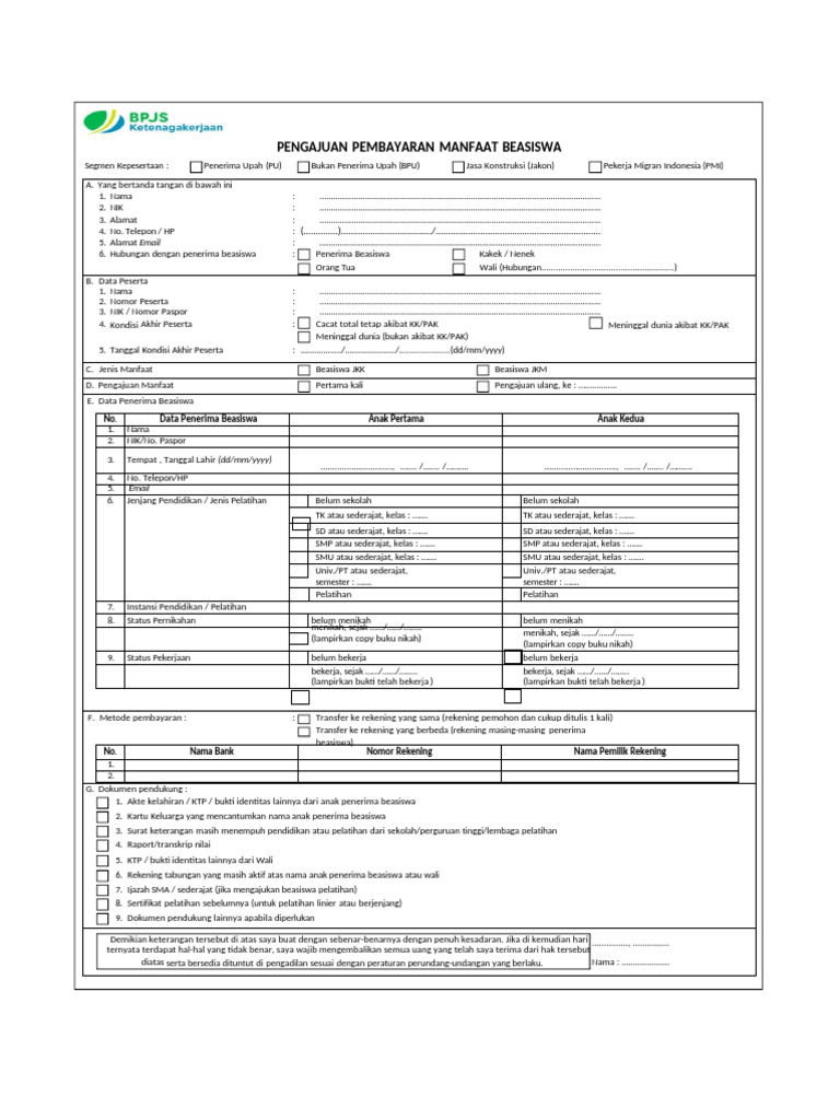 Form Beasiswa BPJS Ketenagakerjaan | PDF