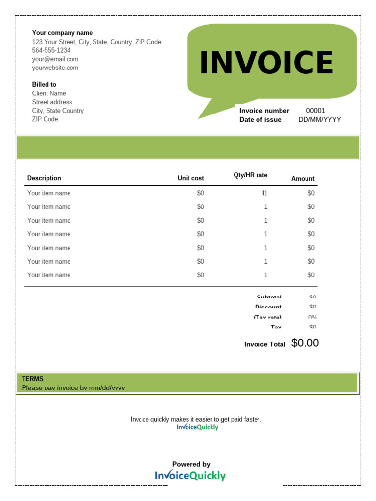 Invoice Template with Zero Amounts | PDF
