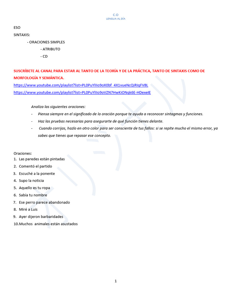Oraciones Simples Atributo y CD 1 | PDF | Oración (Lingüística) | Asunto (gramática)