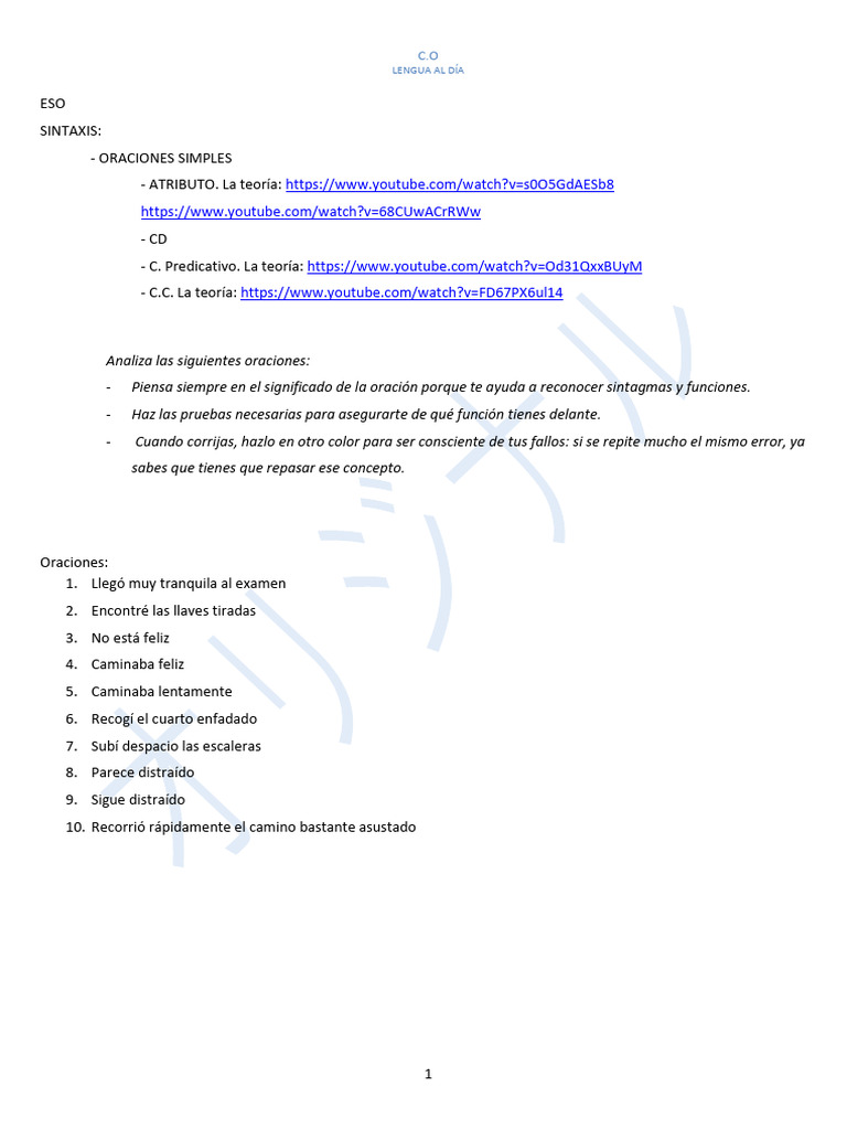 Oraciones Simples Atr CD CPre CC 1 | PDF | Adverbio | Verbo