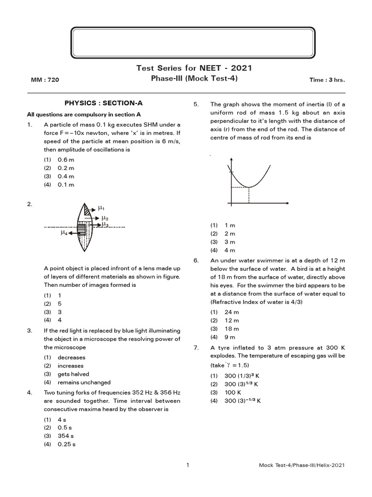NEET 2021 Mock Test 4 Physics Questions | PDF | Force | Mass