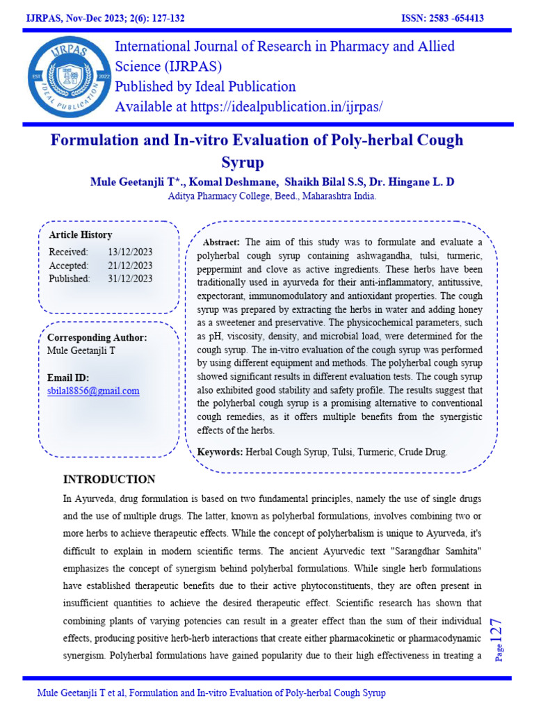 12 Title "Formulation and In-Vitro Evaluation of Polyherbal Cough Syrup ...