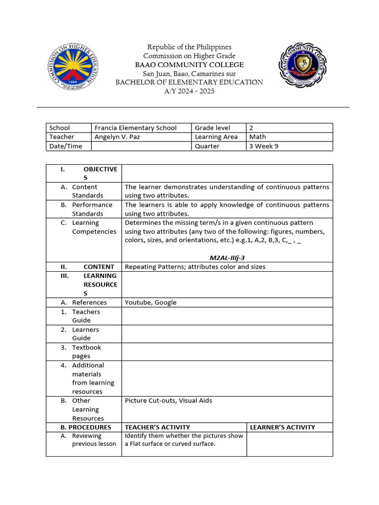 FINAL DLP IN MATH 2 | PDF | Learning | Pattern