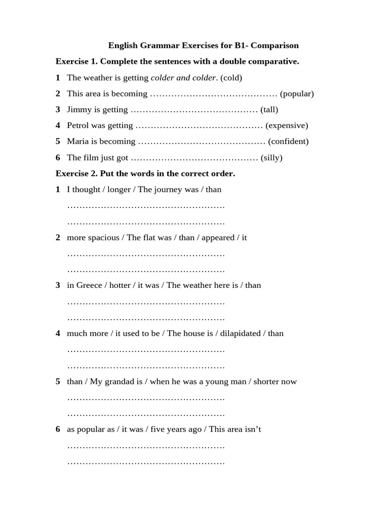 B1 Grammar Exercises: Comparatives & Superlatives | PDF | Linguistic ...