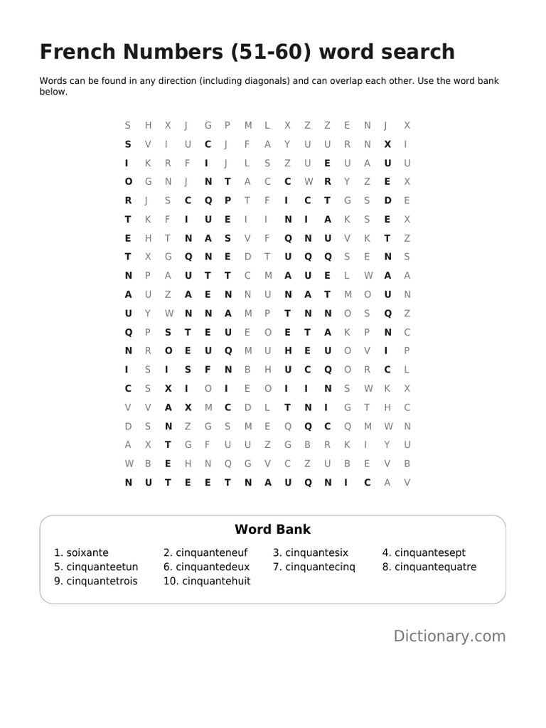 French Numbers 51-60 Word Search | PDF | Word Puzzles