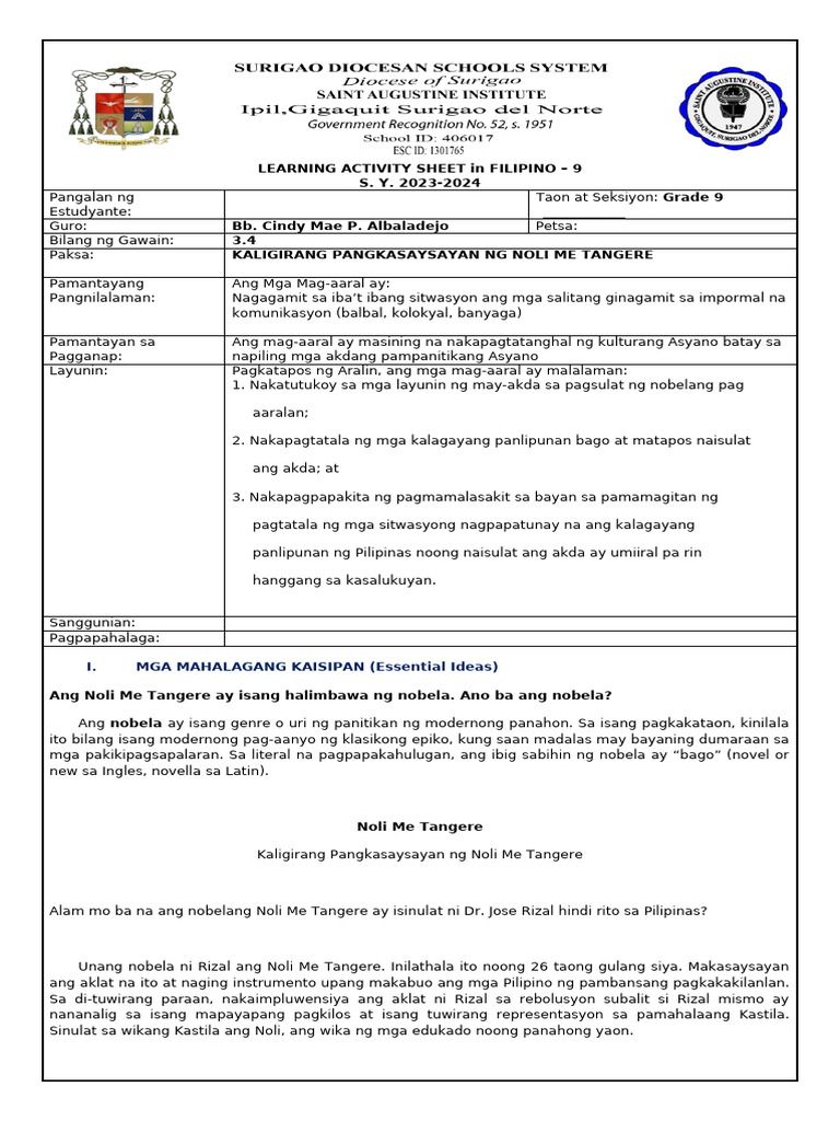 LEARNING ACTIVITY SHEET in FILIPINO 9 1 | PDF