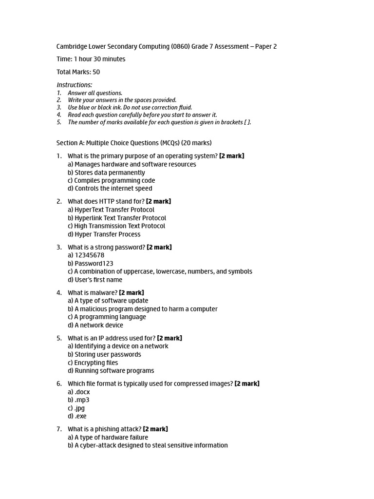 Cambridge Lower Secondary Computing - Grade 7 Question Paper-2 | PDF ...