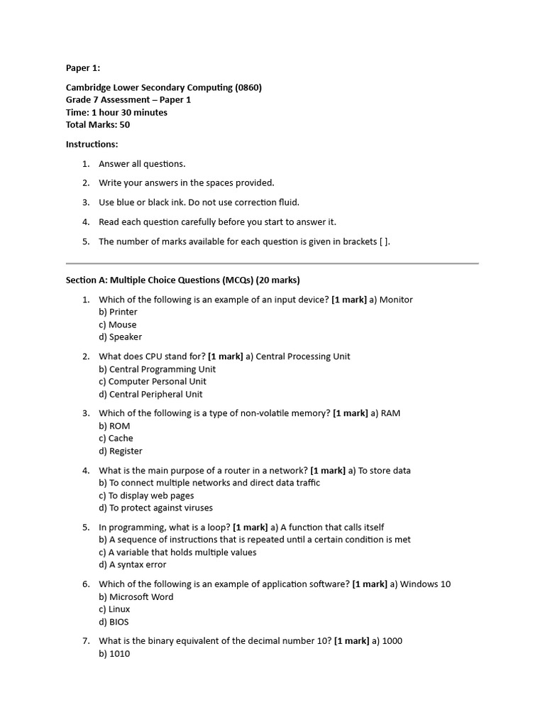 Cambridge Lower Secondary Computing - Grade 7 Question Paper-1 | PDF ...