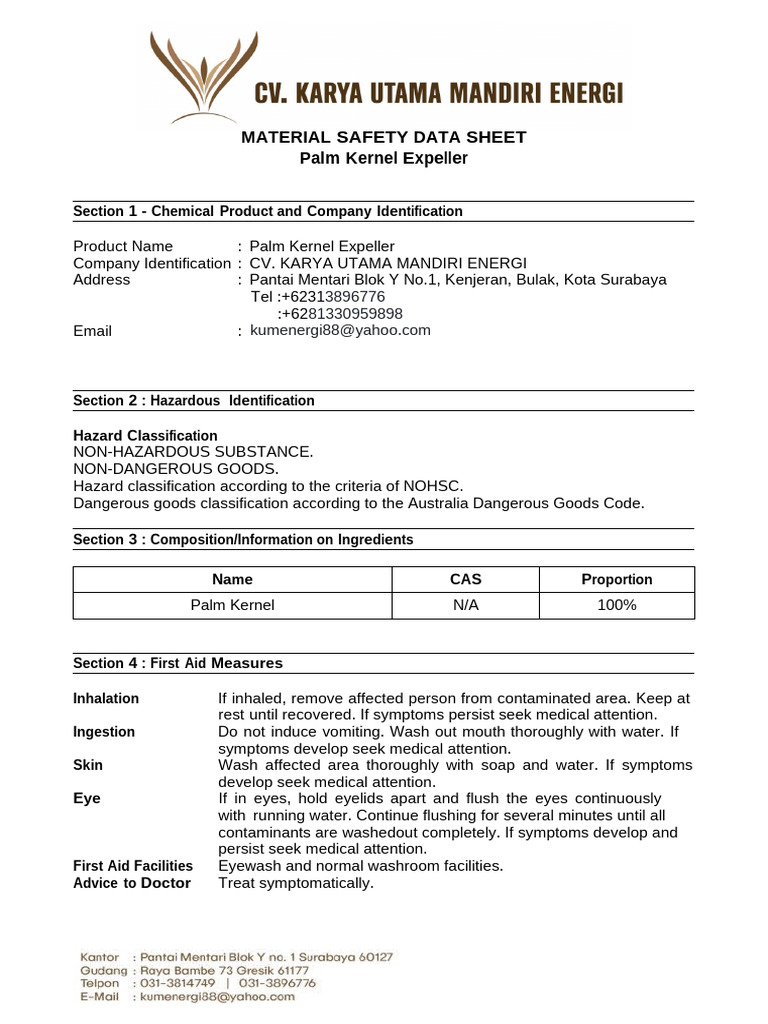 MSDS Palm Kernel Expeller | PDF | Safety | Occupational Safety And Health