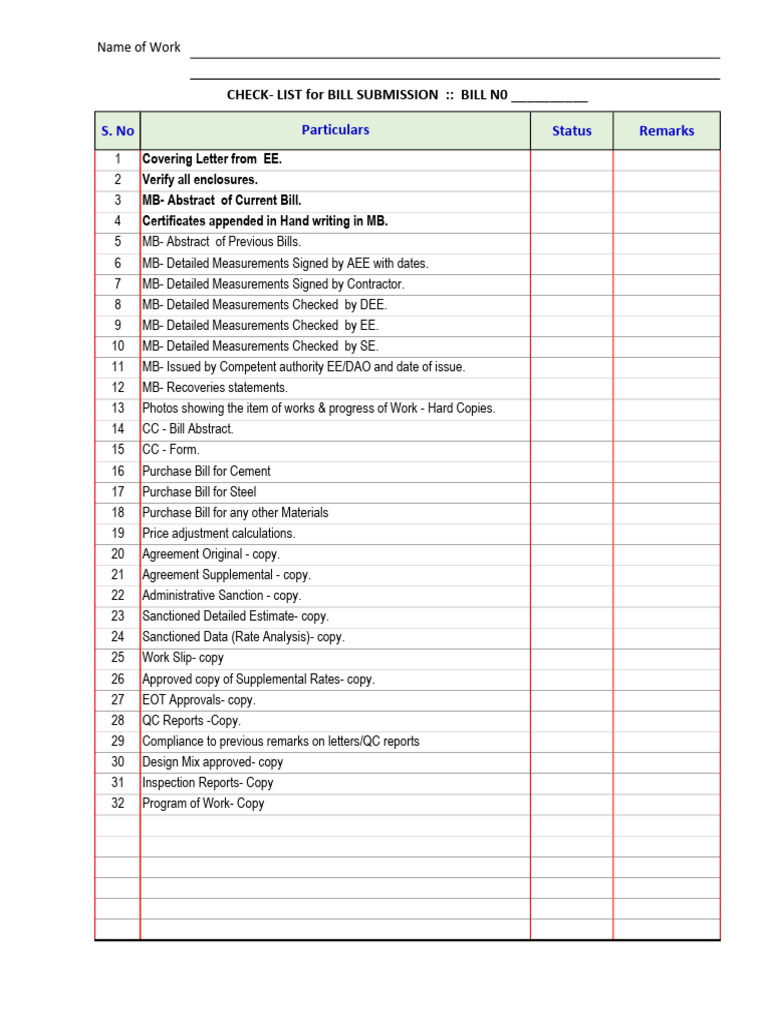 83 Venkat Check List For Bill Submission | PDF