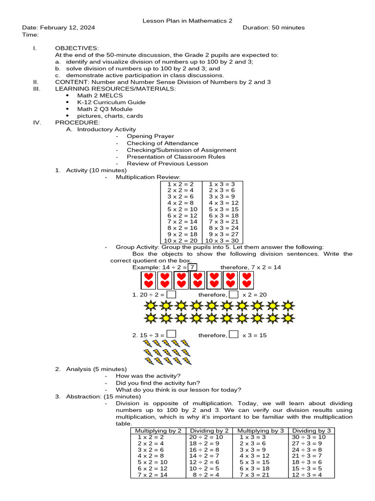 Math 2 (Number and Number Sense Division of Numbers by 2 and 3) Lesson Plan | PDF | Lesson Plan ...