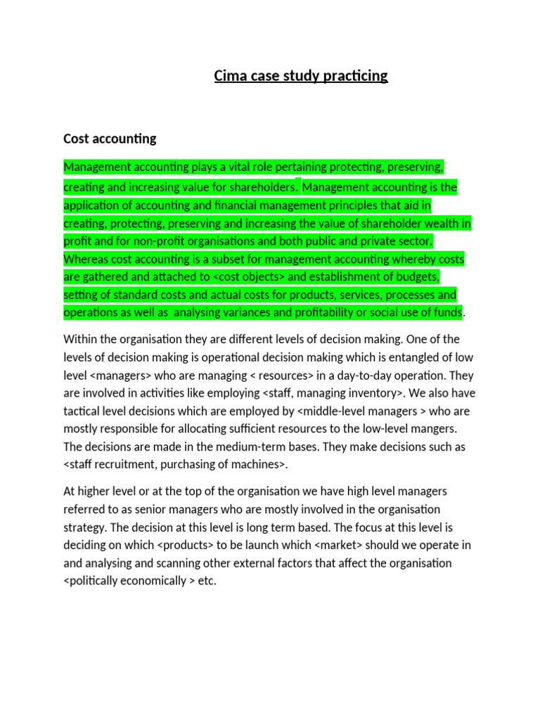 Cima Case Study Practicing | PDF | Management Accounting | Accounting