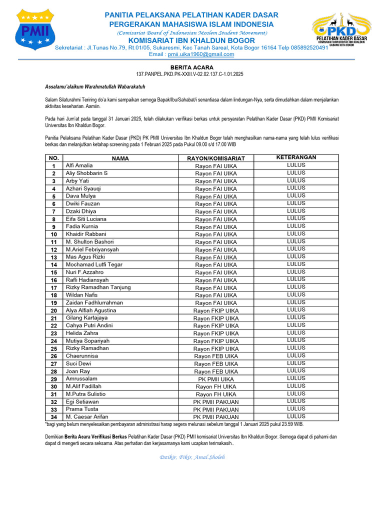 Verifikasi Berkas PKD PMII UIKA 2025 | PDF
