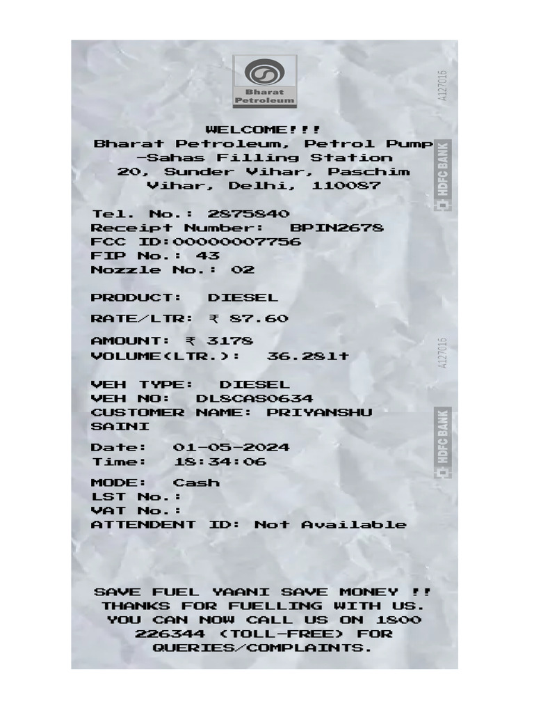 Diesel Purchase Receipt - Bharat Petroleum | PDF