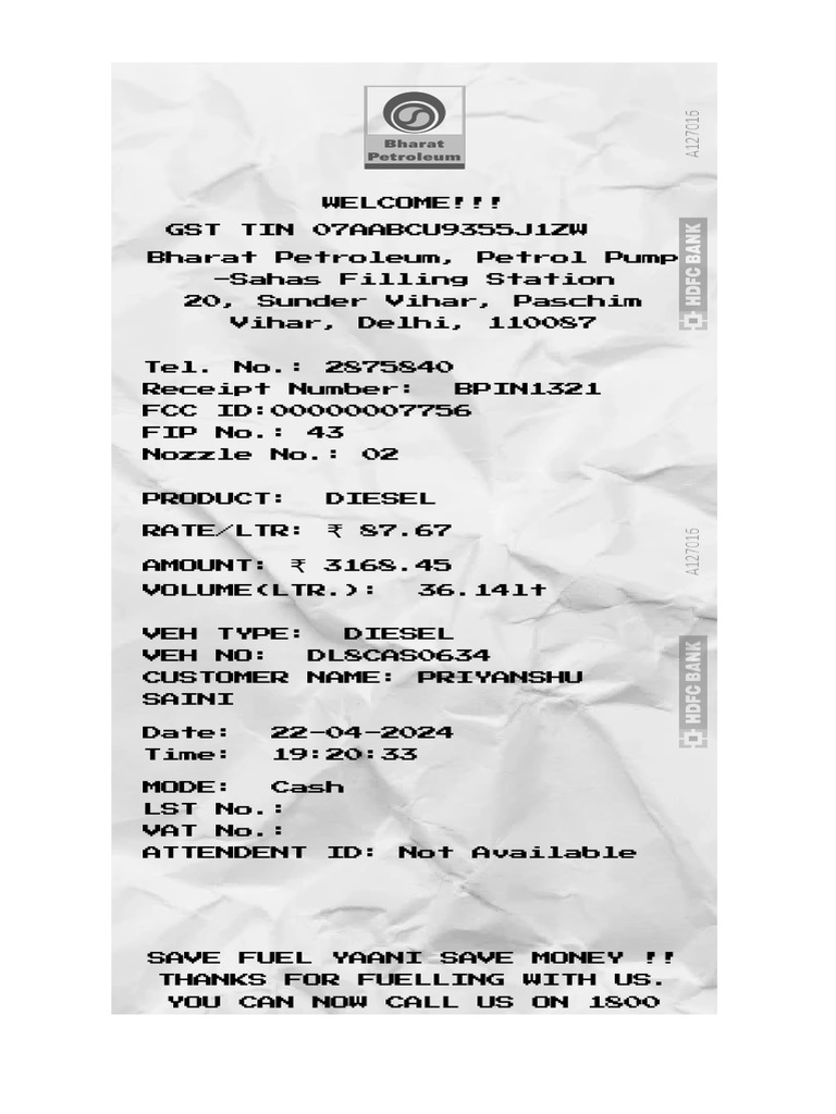 Diesel Purchase Receipt - Bharat Petroleum | PDF