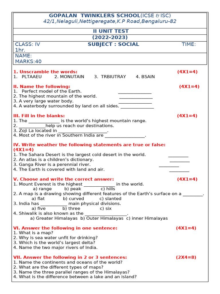 Grade 4 - II Unit Test - Social | PDF | Mountains | Himalayas