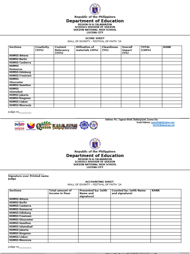 Score Tally Sheet for Festival of Faith '24 | PDF