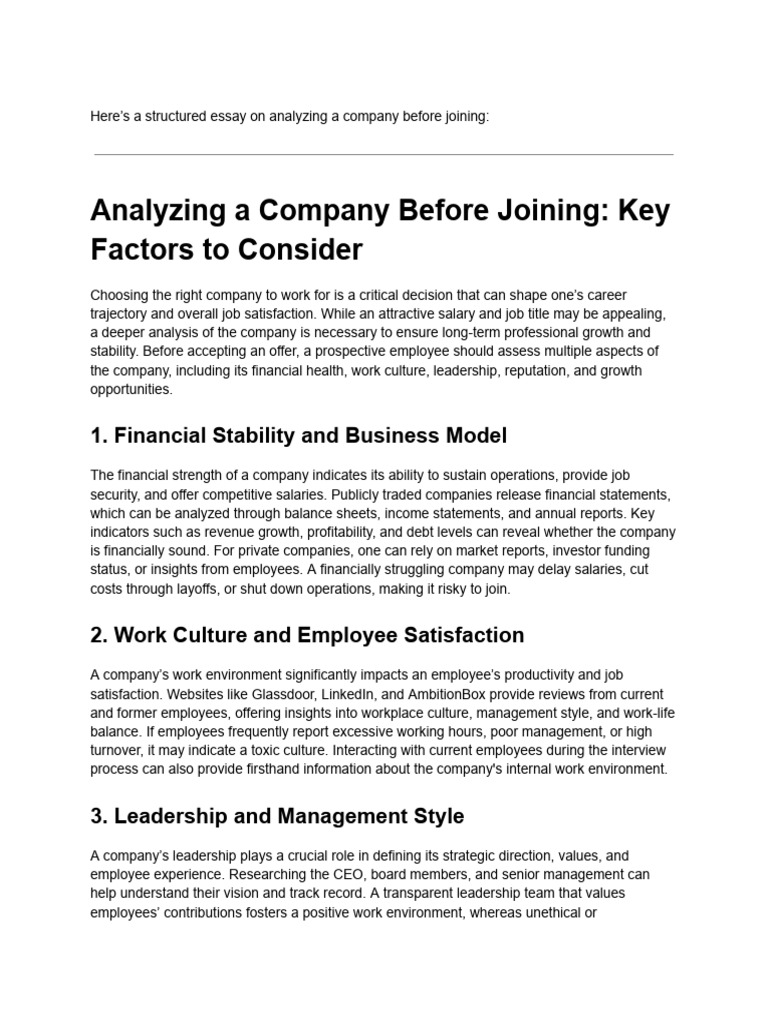 Essay On Analyzing A Company Before Joining | PDF | Employment ...