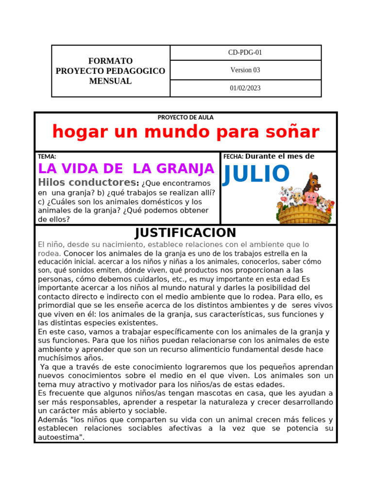Proyecto La Granja: Aprendizaje Infantil | PDF