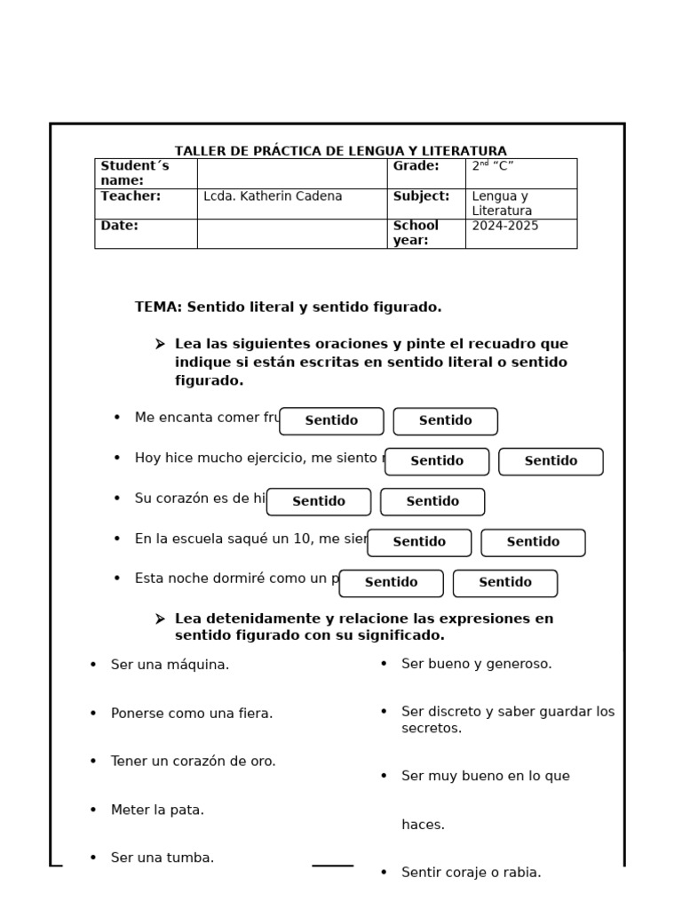 Taller7. Lengua y Literatura - Sentido Literal y Sentido Figurado. (1 ...