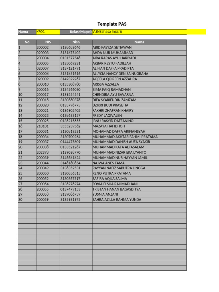 Template PAS V.B Bahasa Inggris | PDF