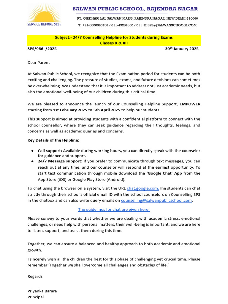 Circular - Counselling Helpline For Students During Exams | PDF