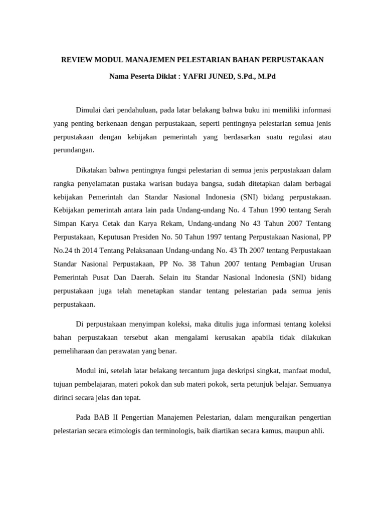 YAFRI JUNED - REVIEW MODUL MANAJEMEN PELESTARIAN BAHAN PERPUSTAKAAN - Dinas Pendidikan Kota ...