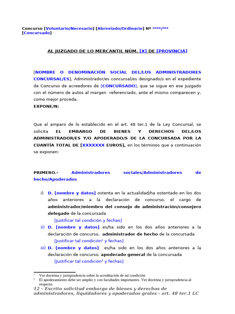 18.1. - Escrito Solicitud Embargo de Bienes y Derechos de Admin Art 48 Ter LC | PDF ...