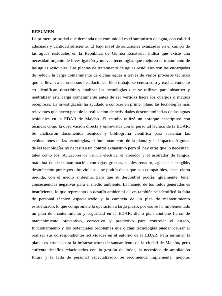 Resumen TFG | PDF | Tratamiento de aguas residuales | Aguas residuales