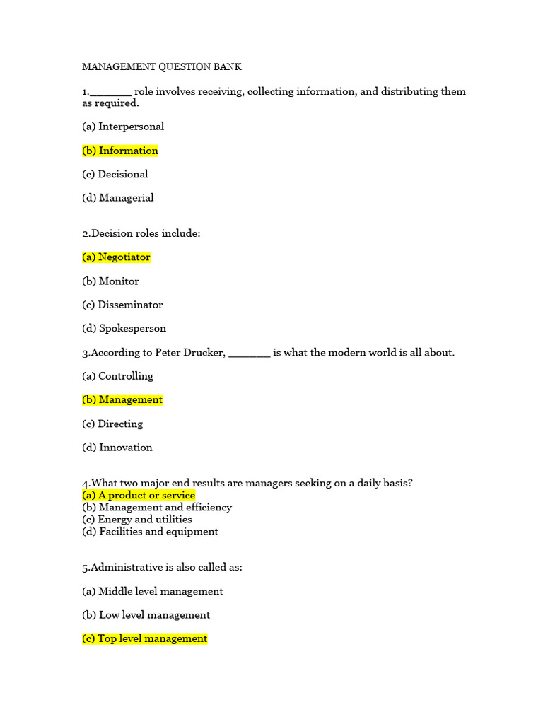Management Question Bank with Answers | PDF | Leadership | Economies