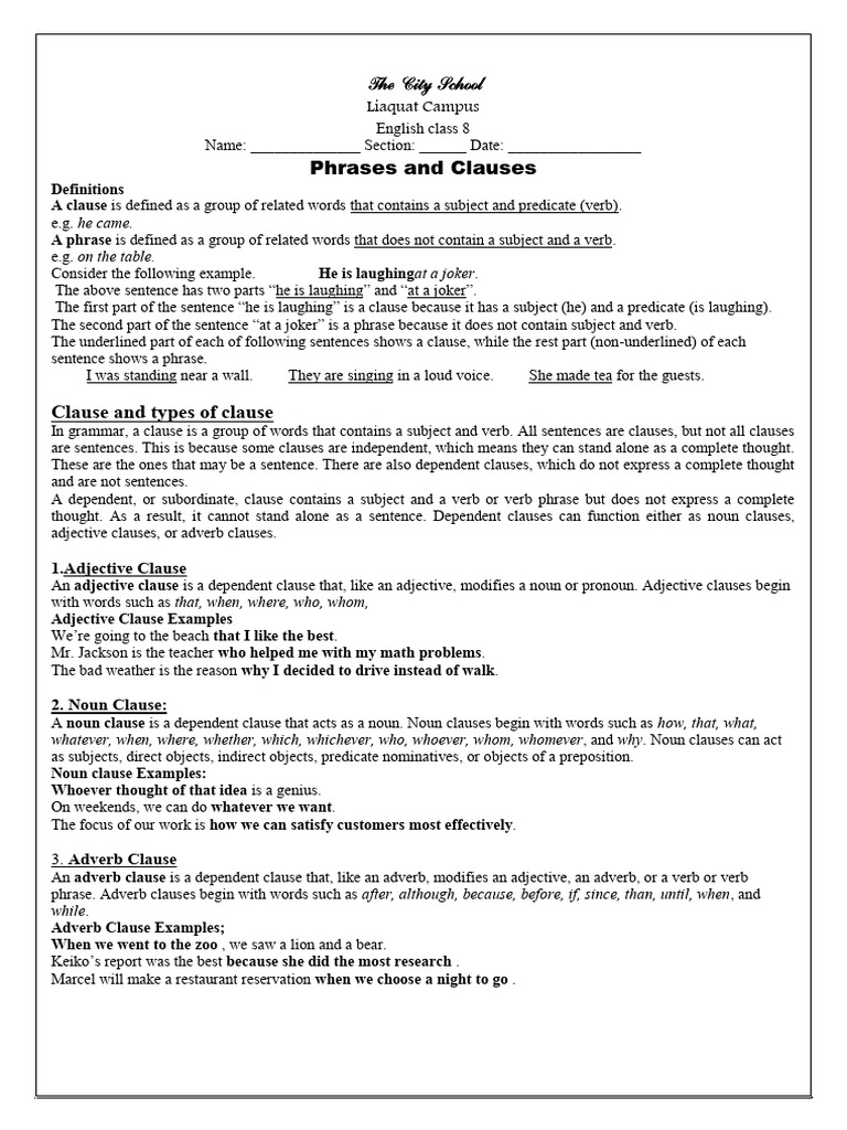 8 Eng Ws Phrases and Clauses Class 8 | PDF | Clause | Verb
