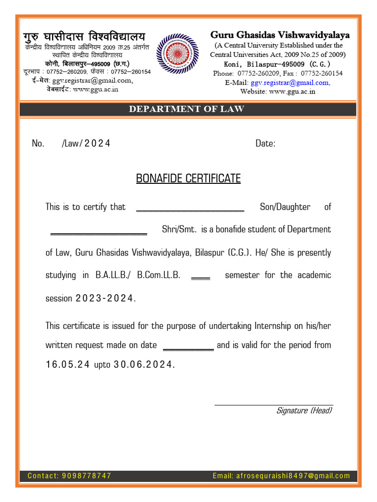 Internship Bona-Fide Certificate Format 2023 | PDF