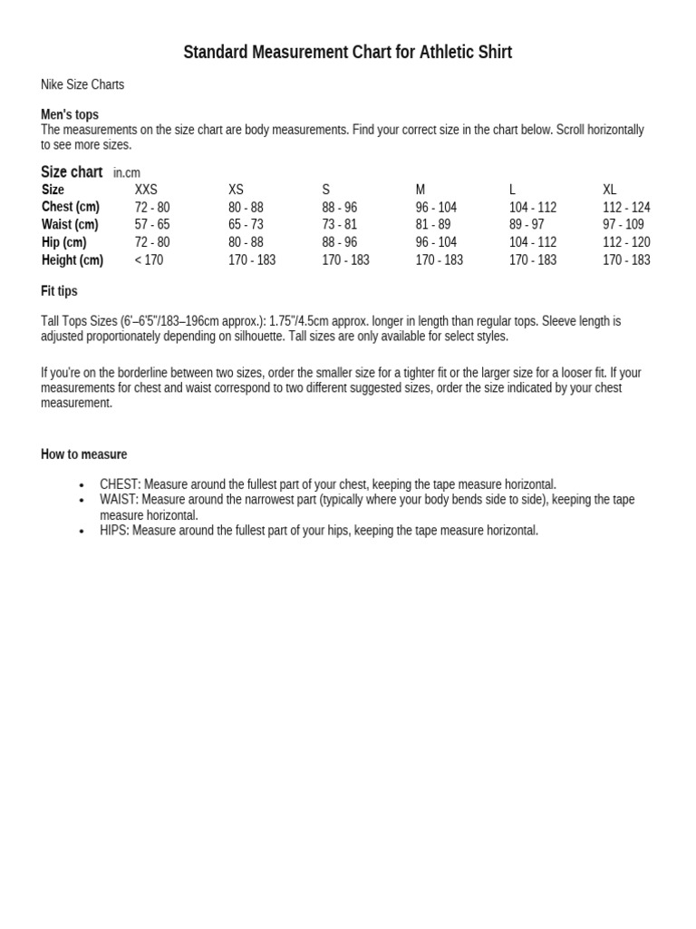 Standard Measurement Chart for Athletic Shirt | PDF