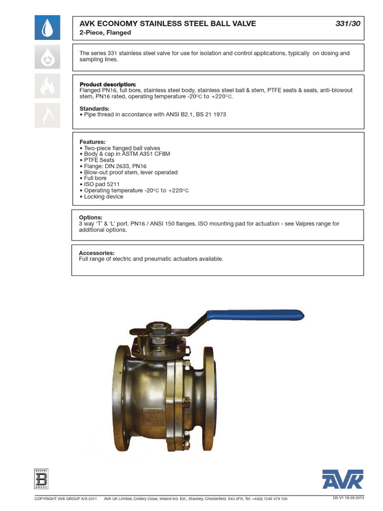 AVK Flanged Metal Ball Valves - 331 30 | PDF | Valve | Washer (Hardware)